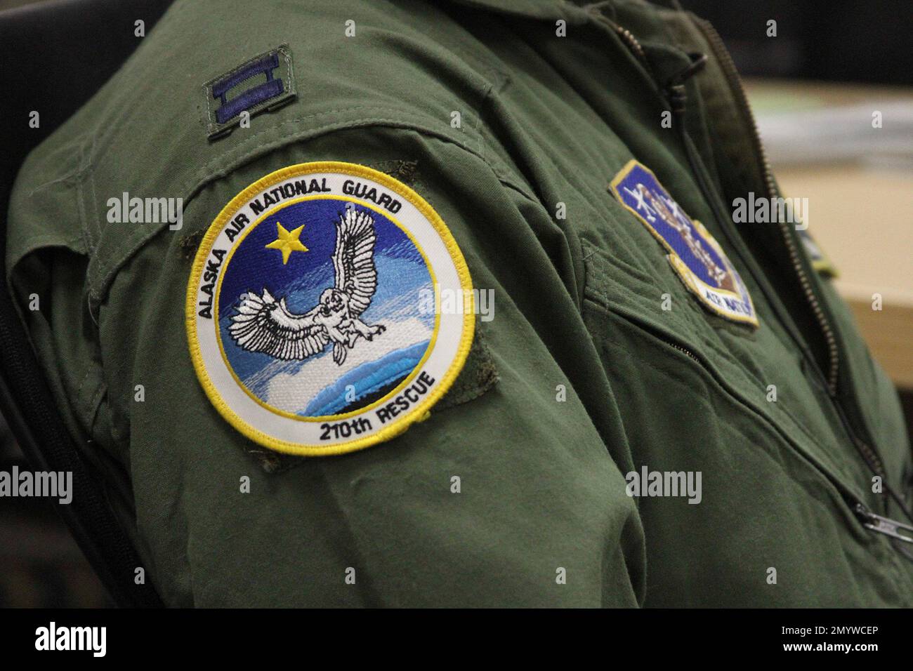 An Alaska Air National Guard patch is shown on the uniform of ...
