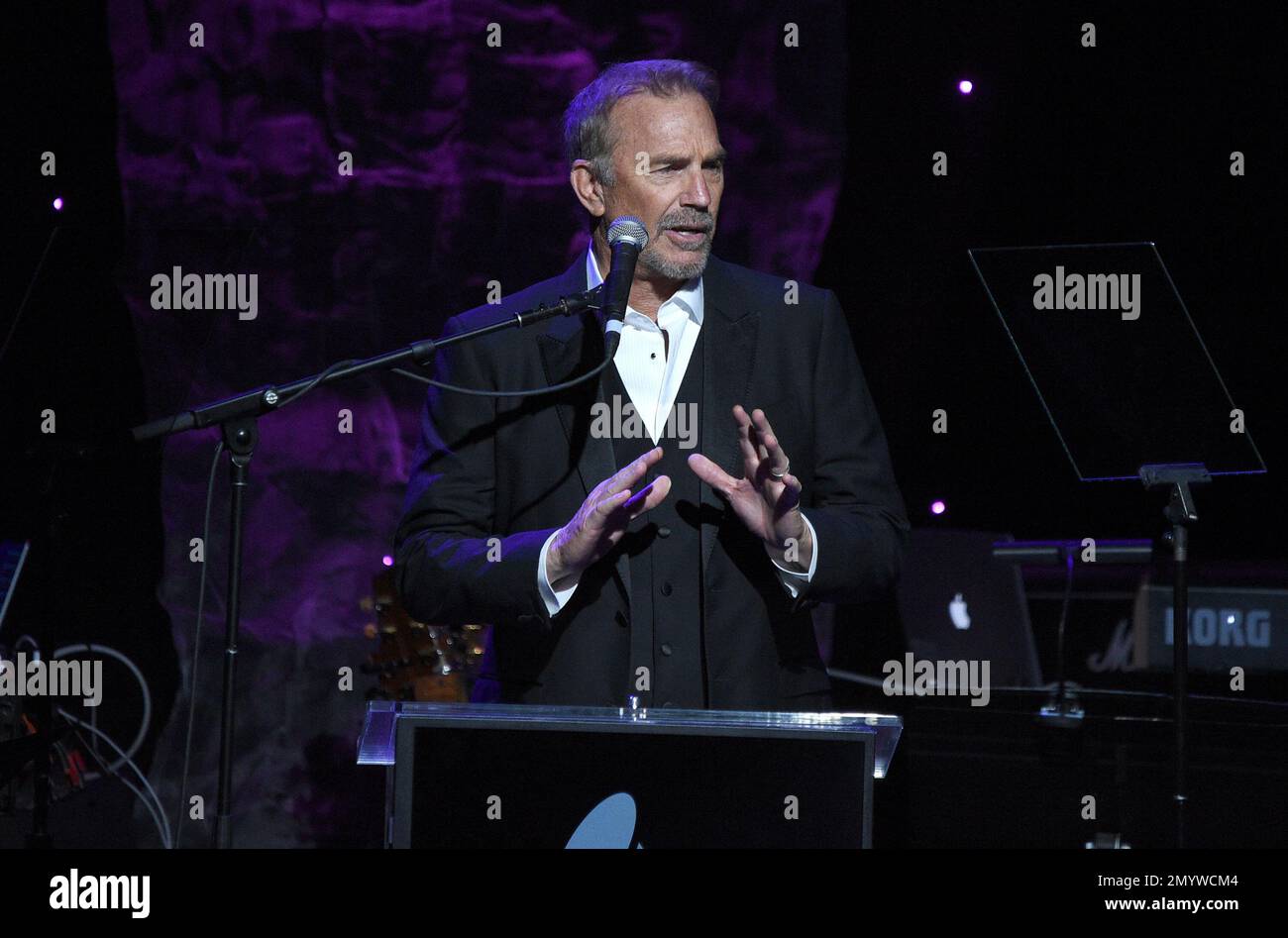 Kevin Costner speaks on stage at the Pre-Grammy Gala on Saturday, Feb ...