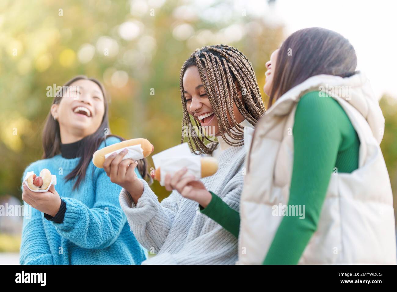 Friends enjoying in the park while eating hot dogs Stock Photo - Alamy