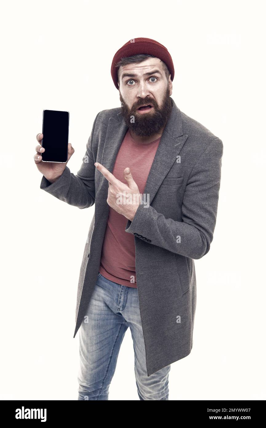 Smart communication at your fingertips. Modern bearded man pointing ...