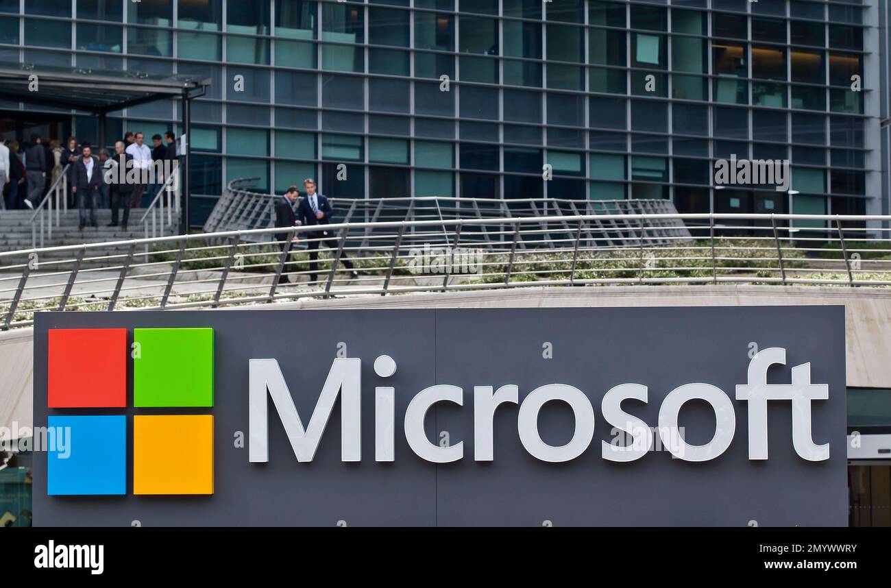 The logo of Microsoft is pictured in Issy- les-Moulineaux, outside ...