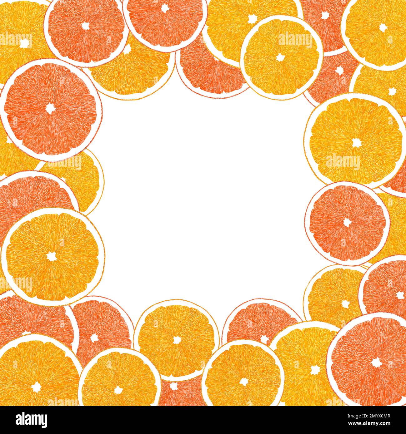 Hand drawn watercolor grapefruit and orange frame isolated on white background. Scrapbook, post ...