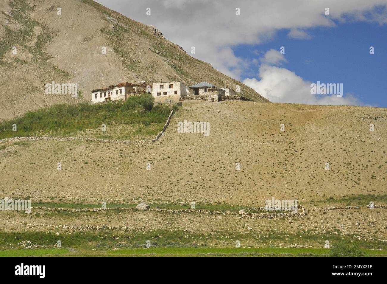 View of traditional Ladakhi houses along the dry hills on the way to ...