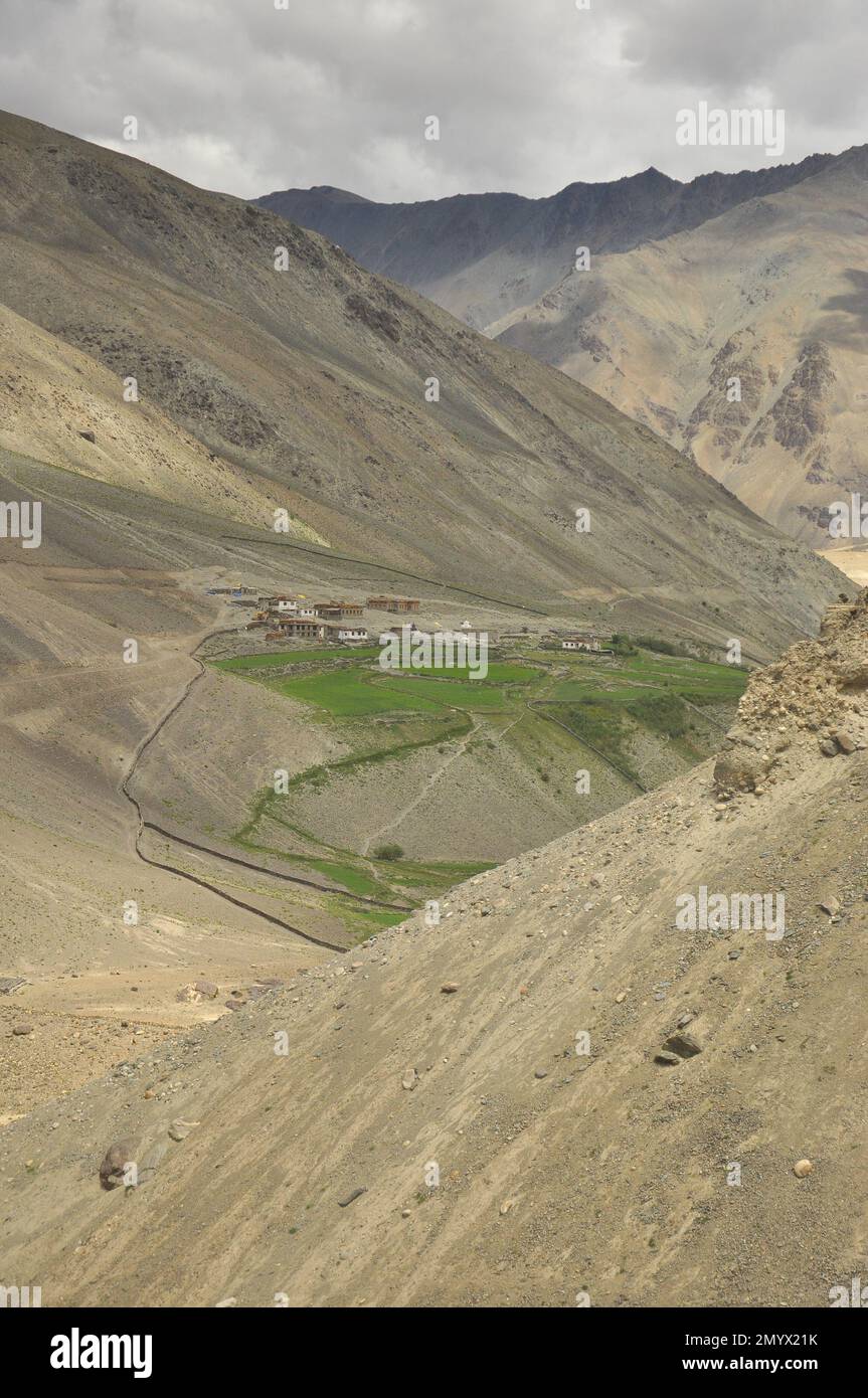 Beautiful view of a tiny village which located in dry mountains on the ...