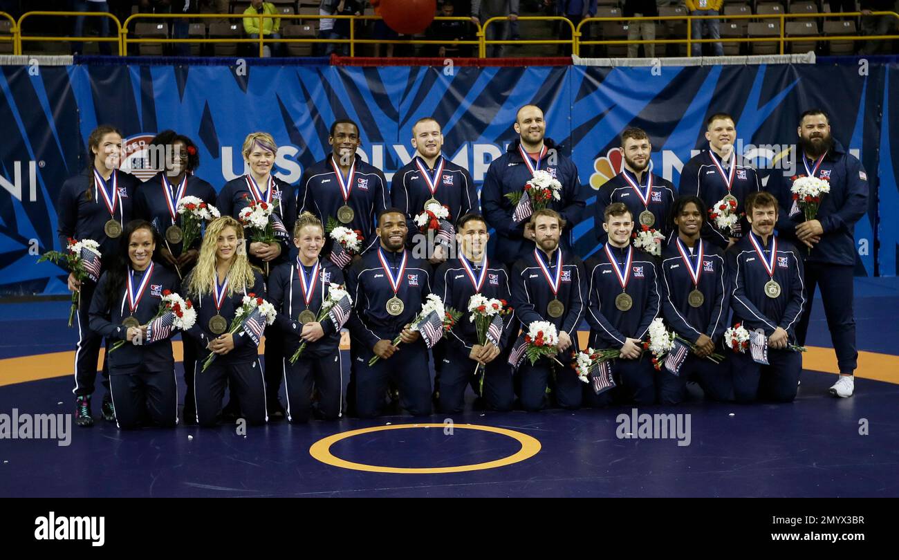 Olympic wrestling team members pose for a team photo during the U.S ...