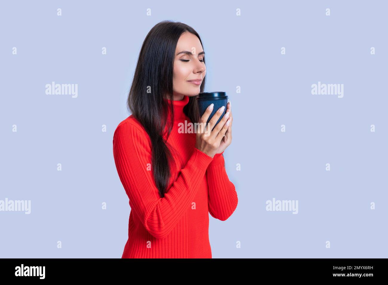 photo of woman smelling coffee cup. woman with coffee isolated on white ...