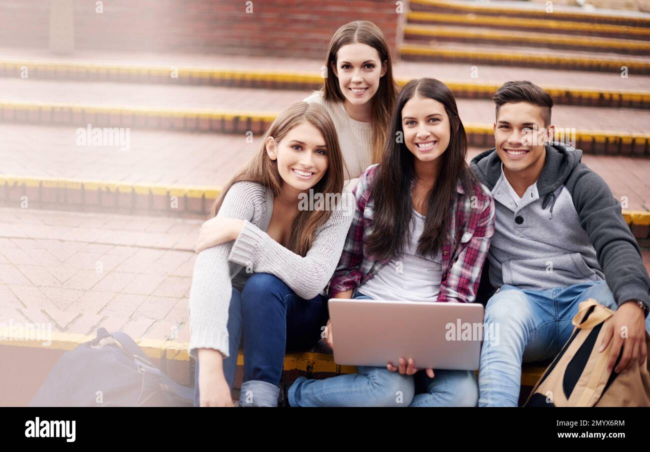 Our campus gives us free wifi. Cropped portrait of a group of ...