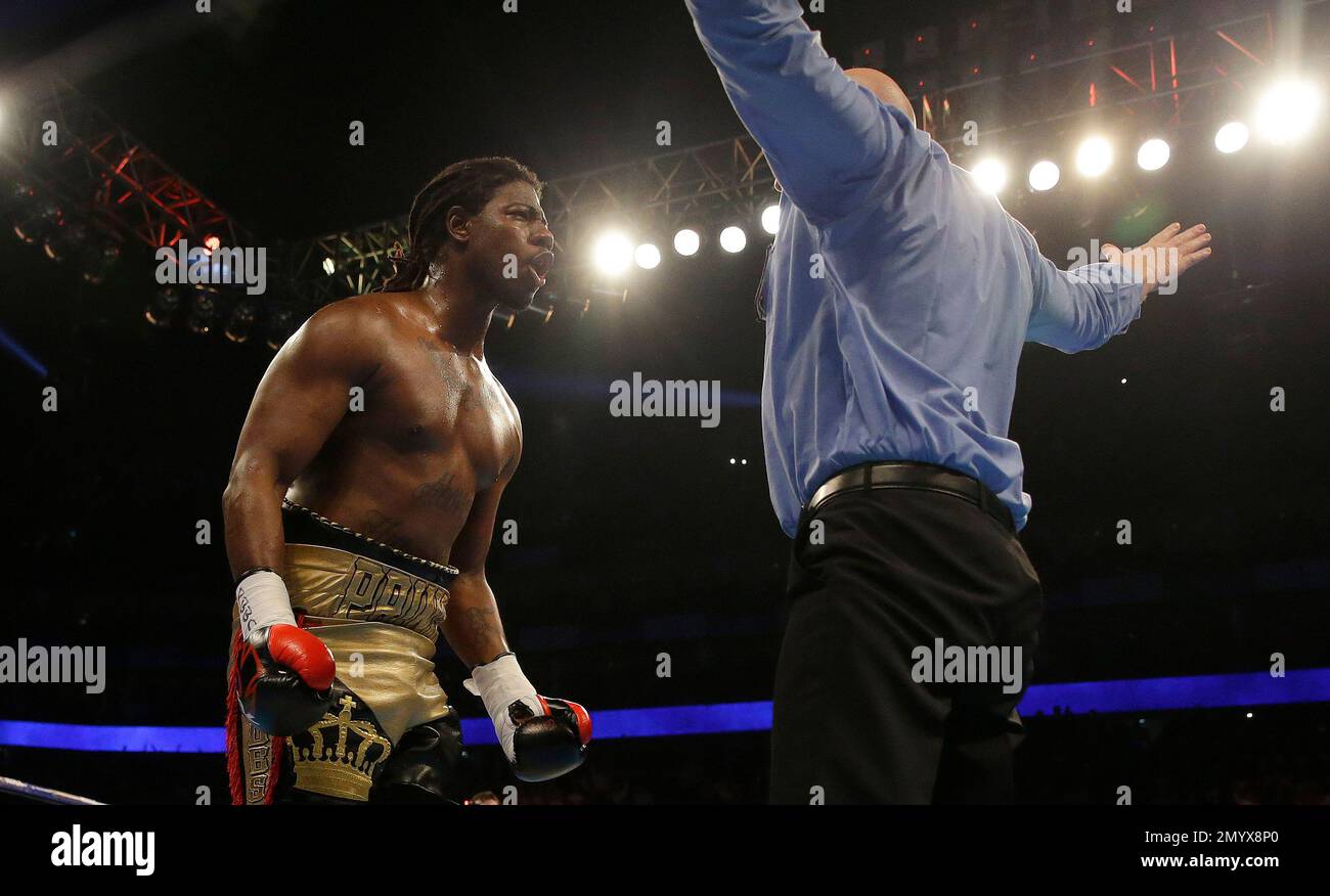 US boxer Charles Martin, left, shouts as the referee finishes the IBF ...