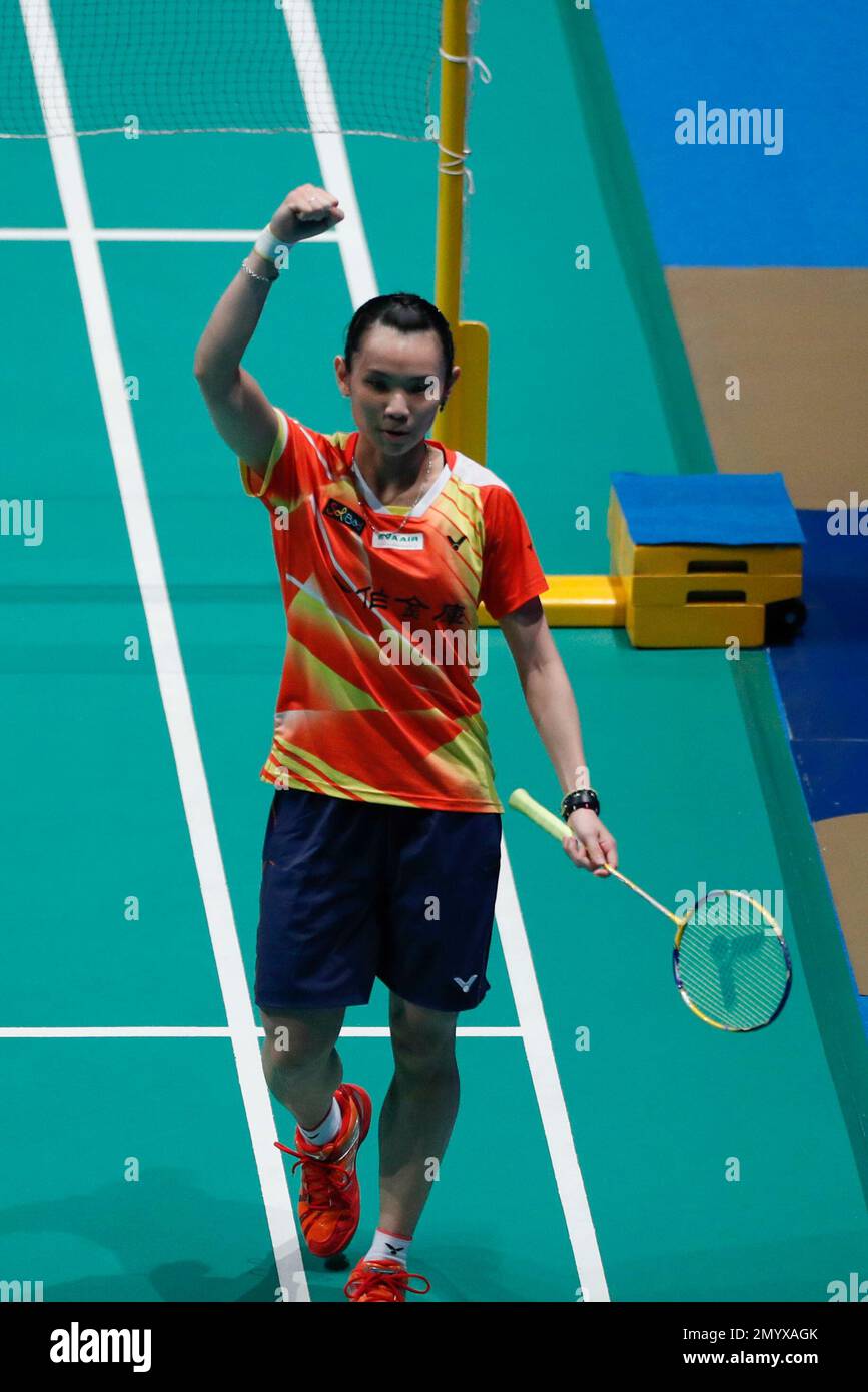 Tai Tzu Ying of Taiwan celebrates after defeating Saina Nehwal of India ...