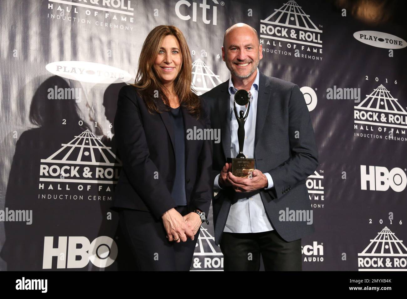 Cassandra Berns, left, and Brett Berns pose in the press room at the ...