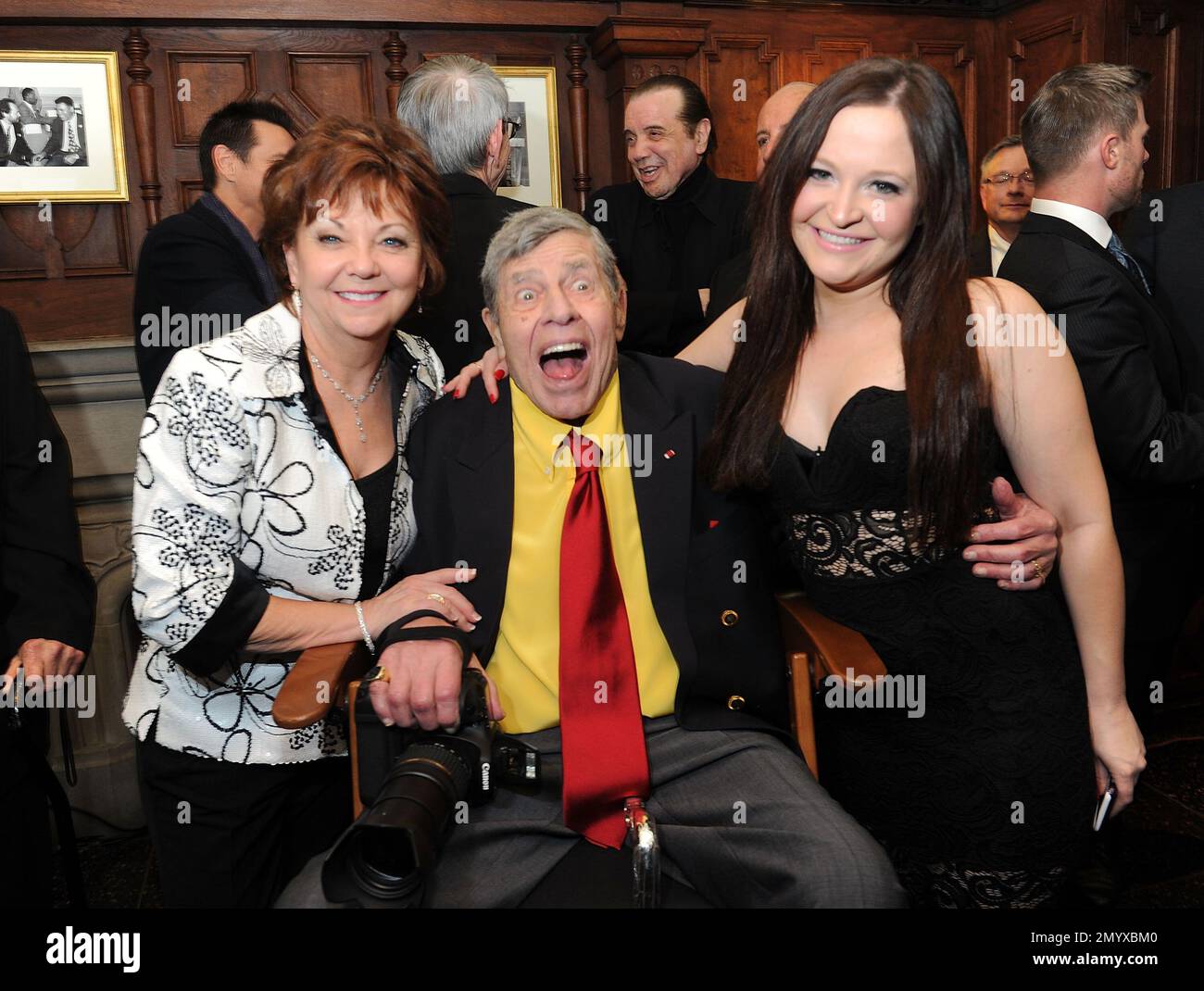 Entertainer Jerry Lewis, center, his wife, SanDee Pitnick, left, and ...