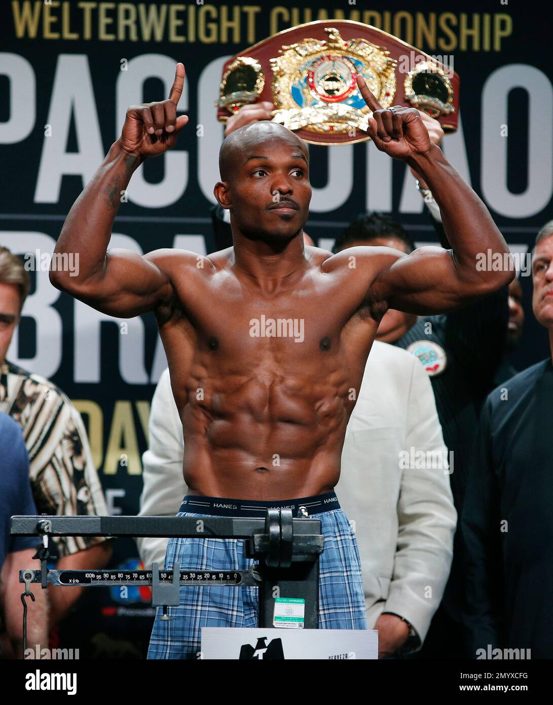 Timothy Bradley poses on the scale during a weigh-in Friday, April 8 ...