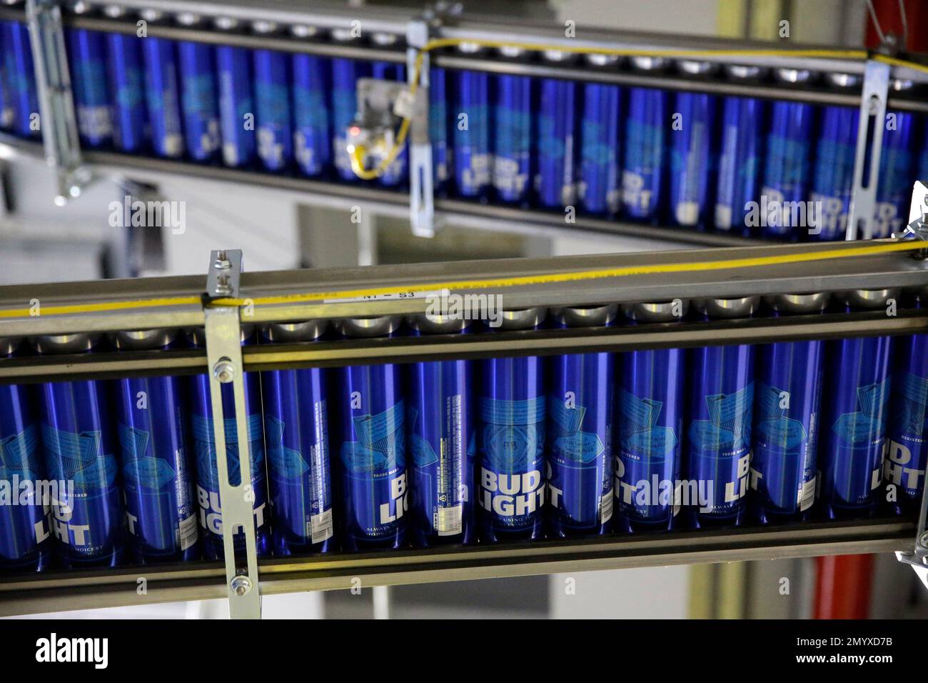 Aluminum Bud Light beer bottles move along a conveyor inside a newly ...