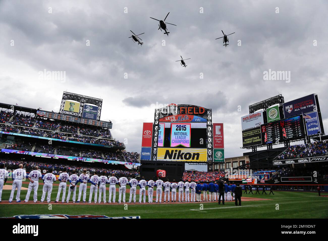 New York Police Department helicopters fly over CitiField at the end of ...