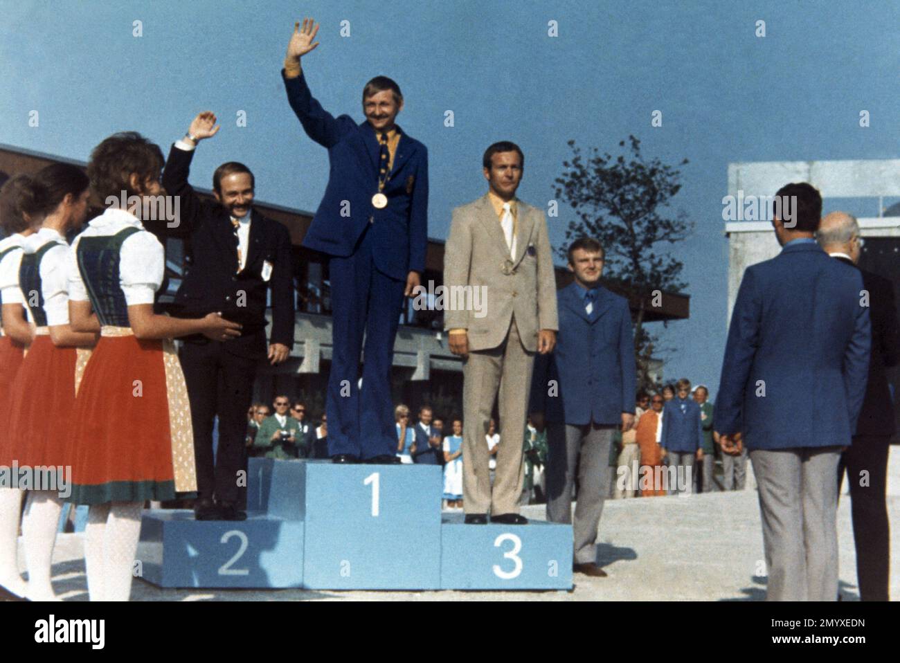 Winners of the Olympic free pistol shooting event on the podium during ...