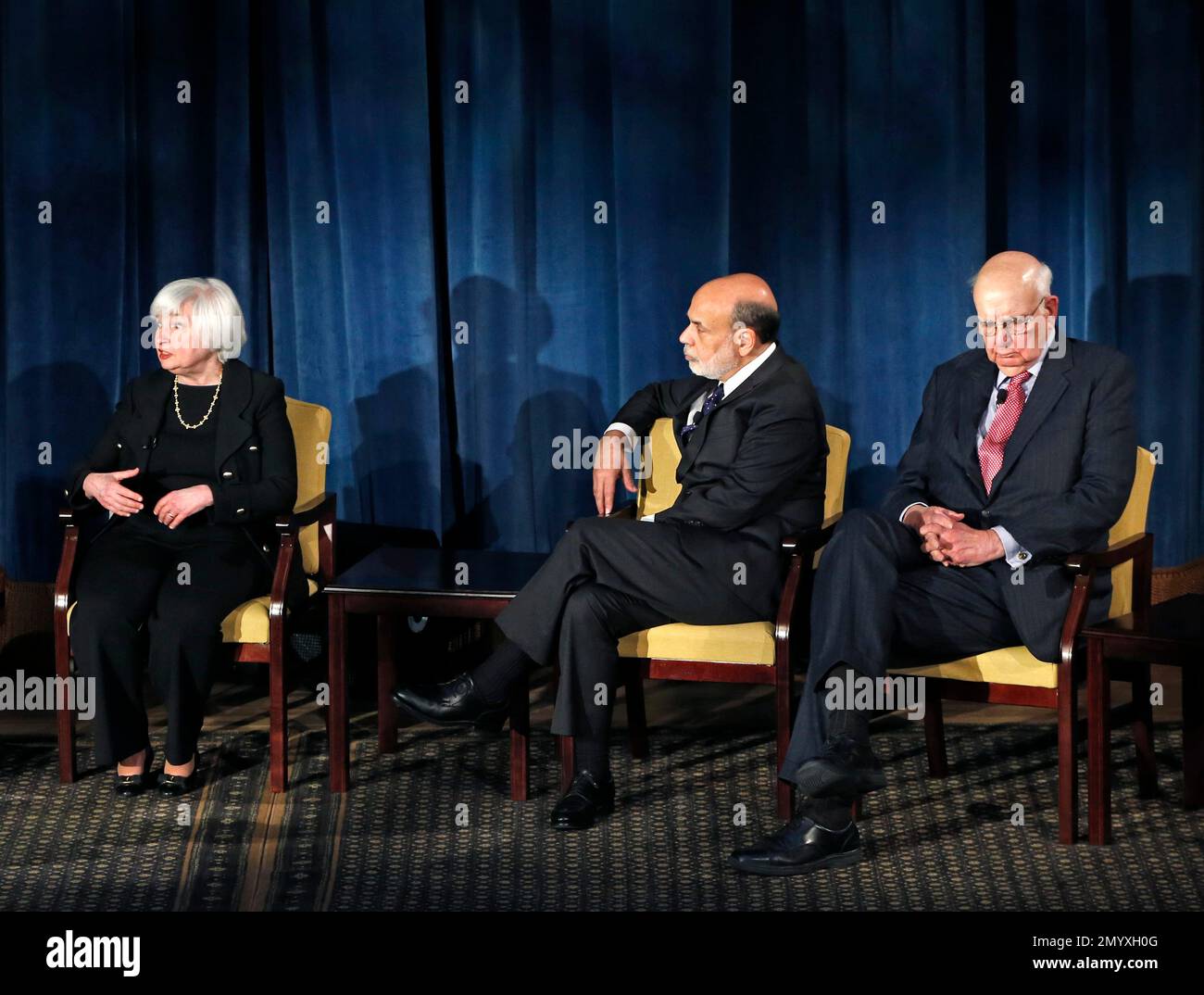 Federal Reserve chair Janet Yellen speaks while former Federal Reserve ...