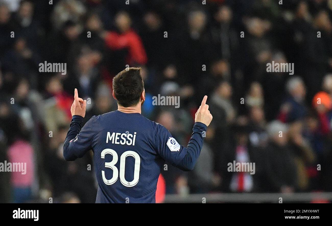 Lionel Messi of PSG celebrates his goal during the French championship ...
