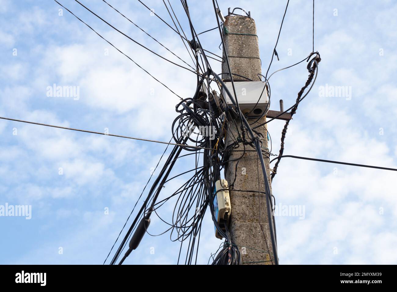 pole with many wires against the sky Stock Photo - Alamy