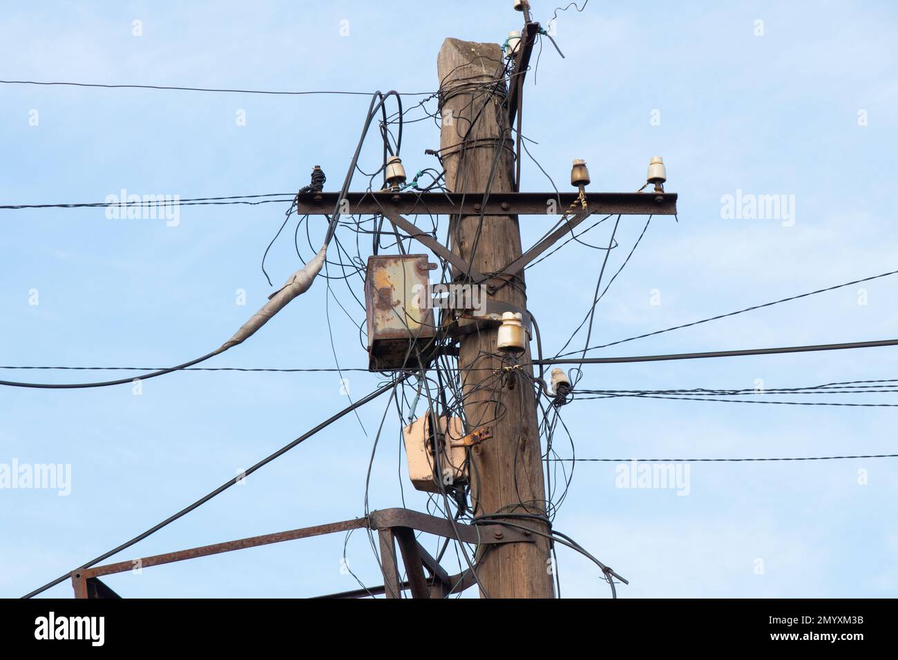 pole with many wires against the sky Stock Photo - Alamy
