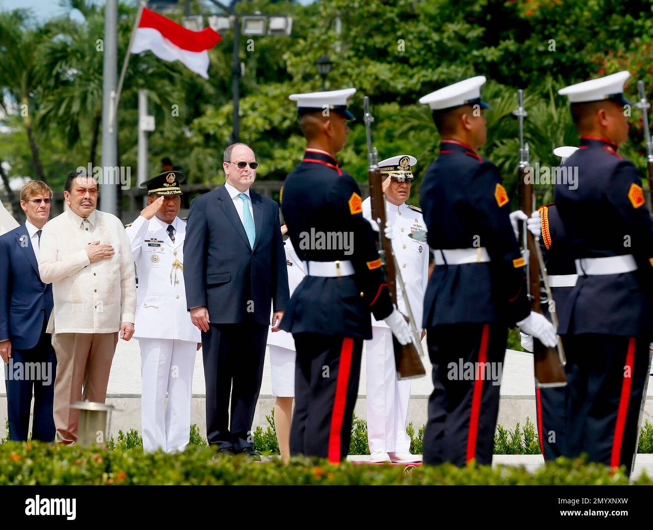 Visiting Prince Albert II of Monaco, fourth from left, accompanied by ...