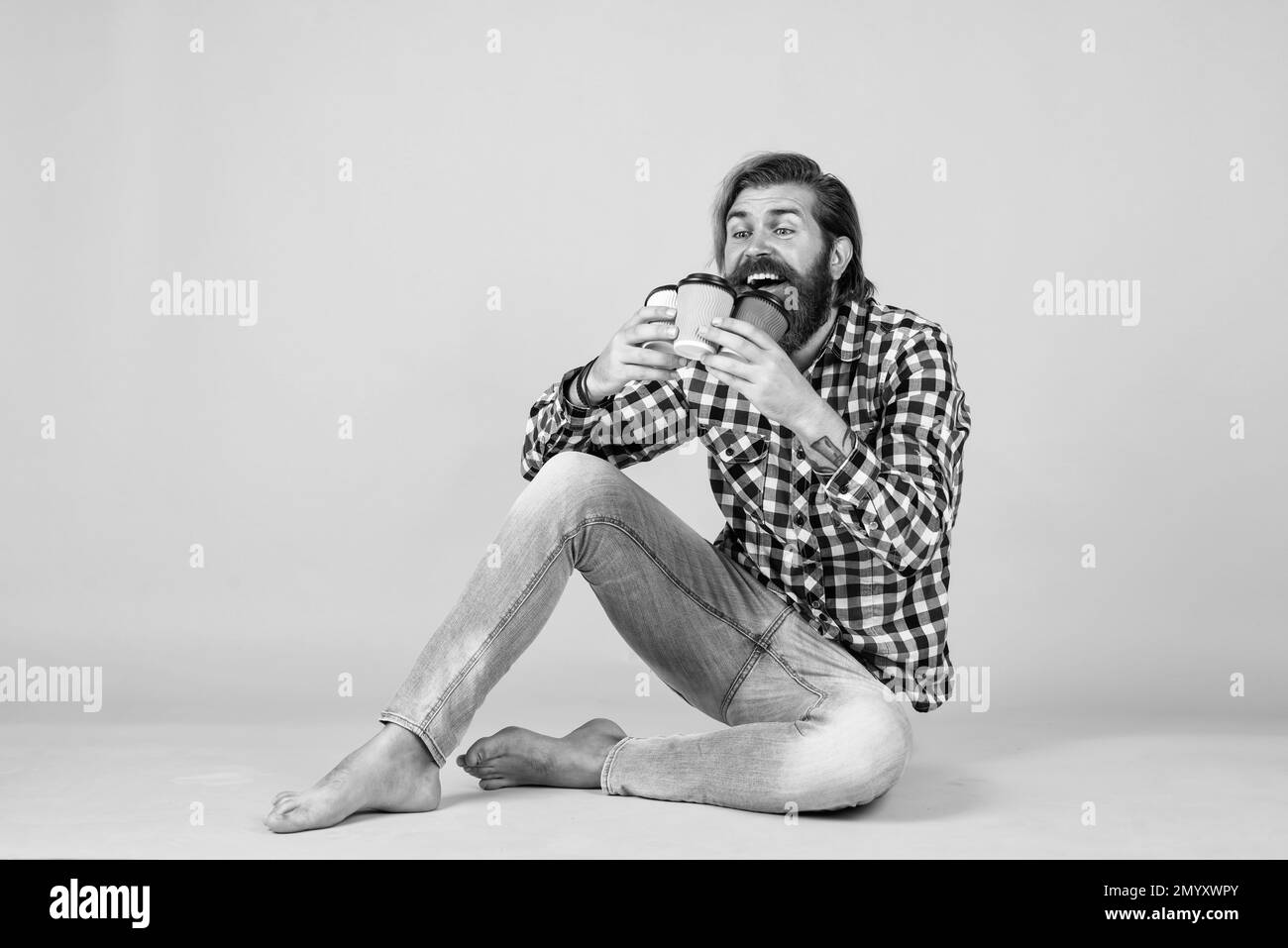 brutal bearded man wear checkered shirt having lush beard and moustache ...