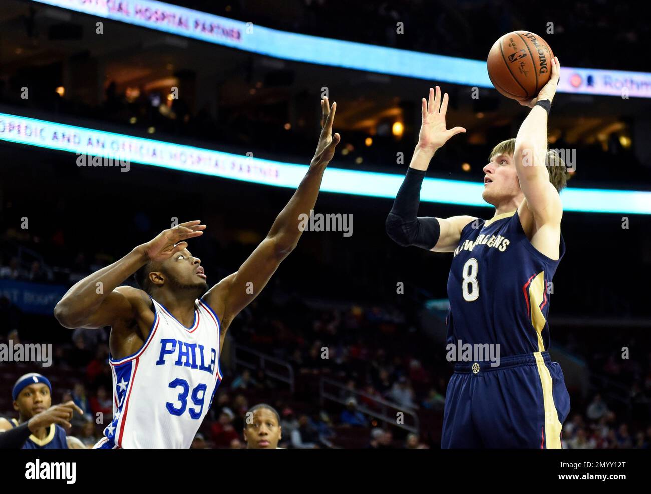 New Orleans Pelicans' Luke Babbitt (8) takes a shot over Philadelphia ...