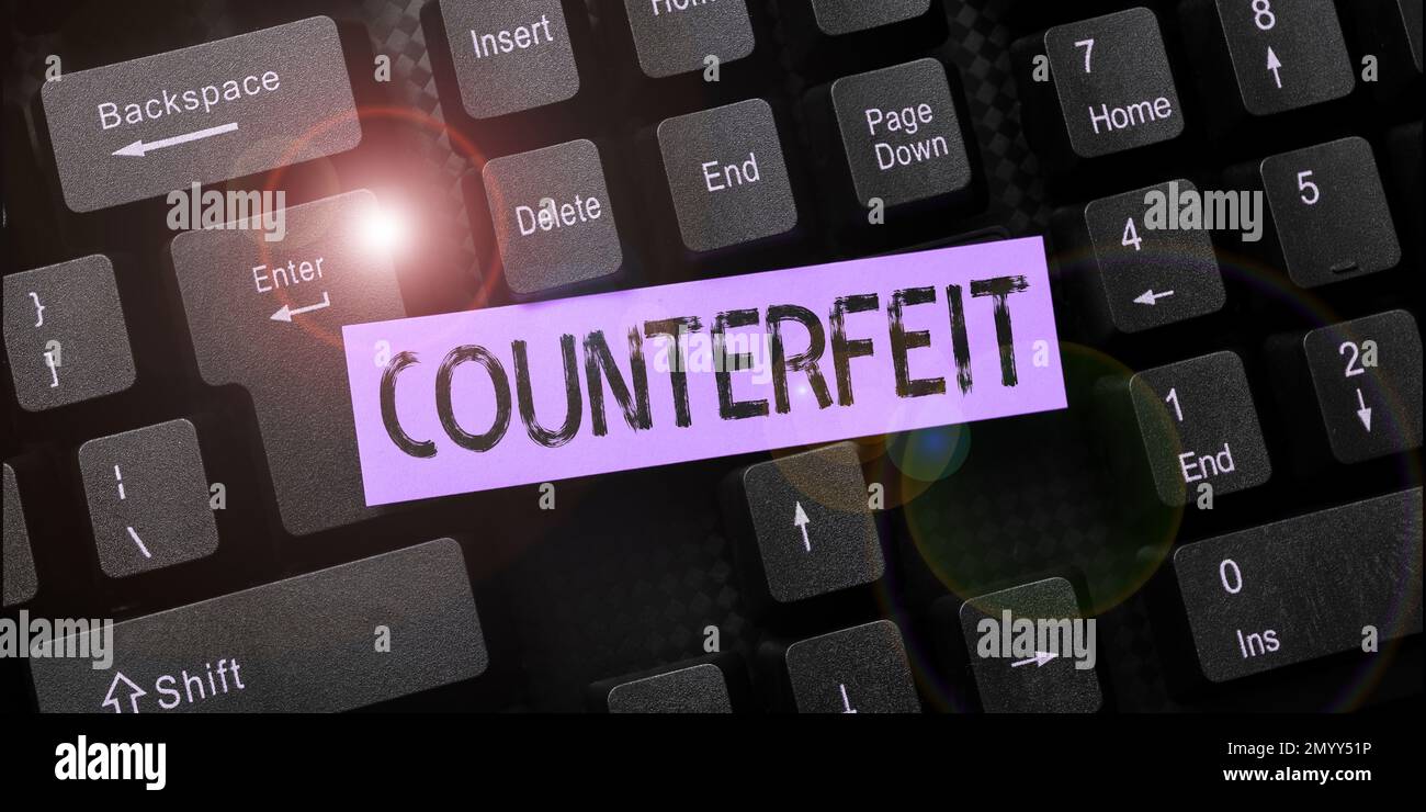 Hand writing sign Counterfeit. Word for made in imitation of something ...