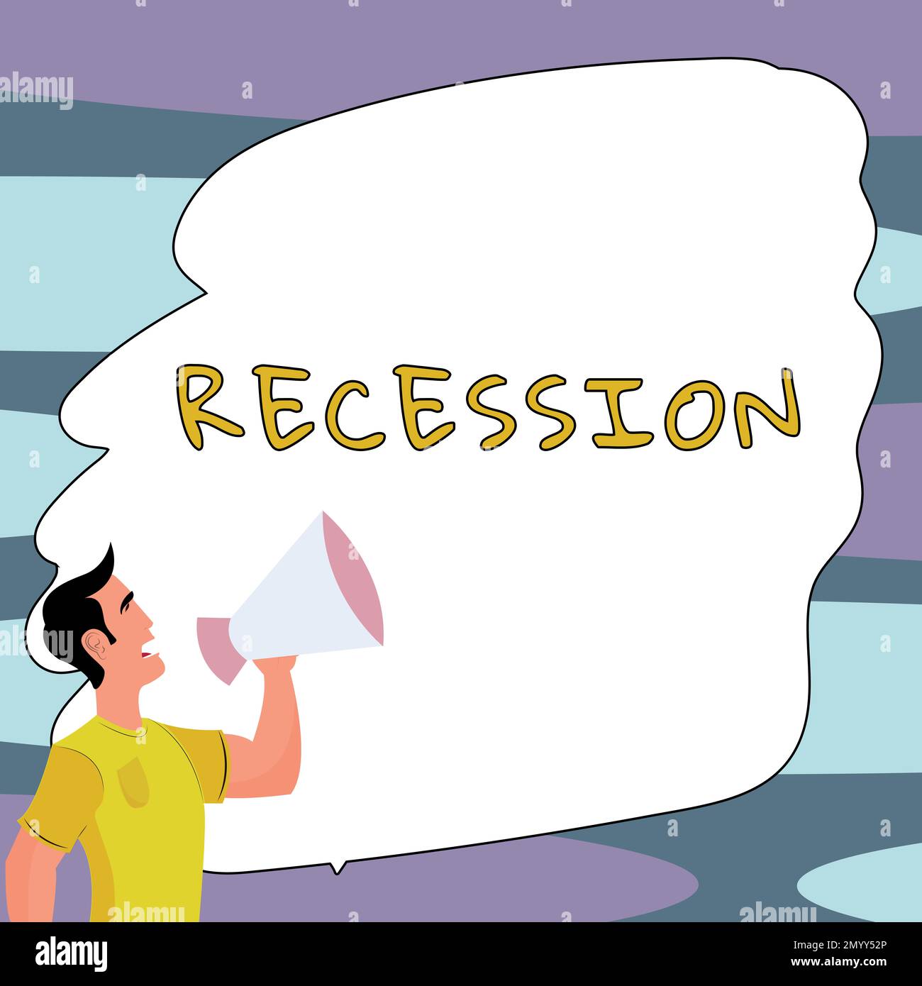 Text sign showing Recession. Word Written on the process of progressive decrease in growing ...
