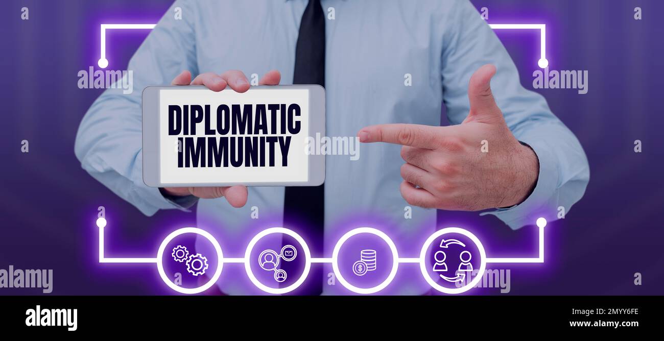 Hand writing sign Diplomatic Immunity. Word for law that gives foreign ...