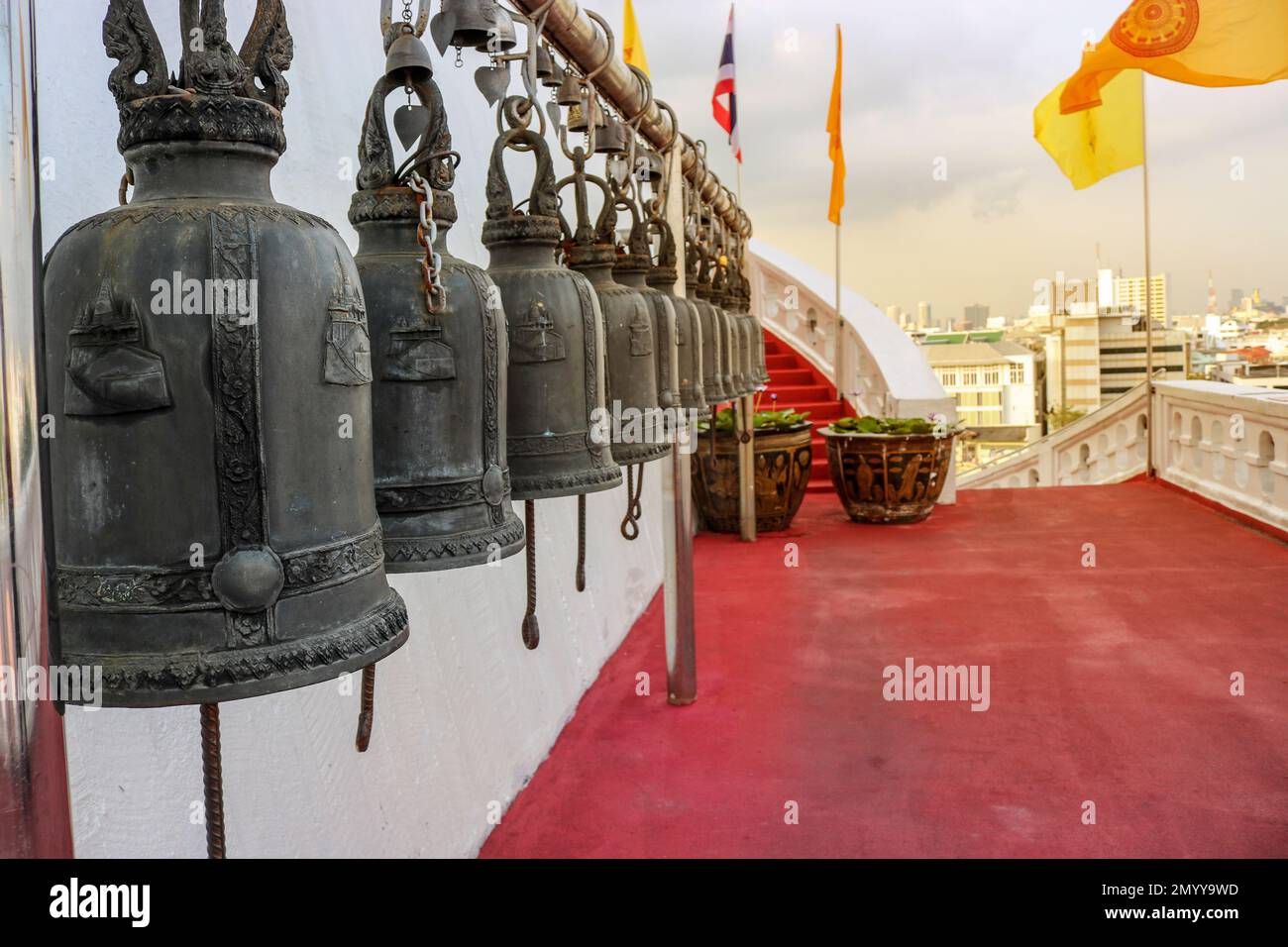 Temple Buddhist bells in on the grounds of Golden Mount Temple (Wat Saket). Bangkok, Thailand ...