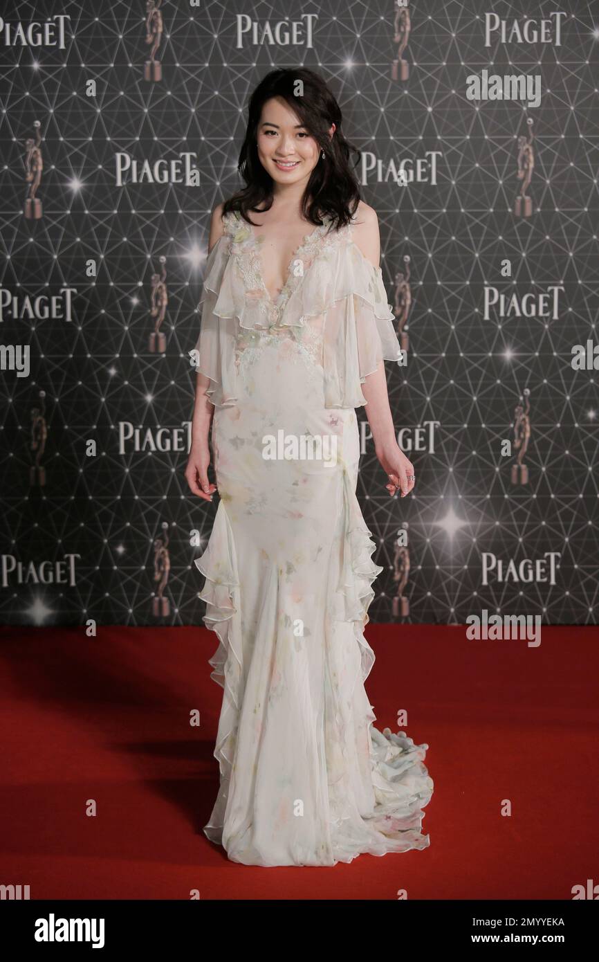 Chinese actress Jacky Cai poses on the red carpet of the Hong Kong Film Awards in Hong Kong ...