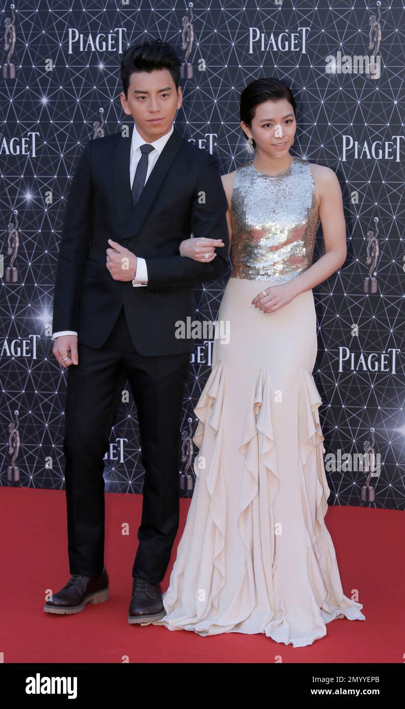 Taiwanese actress Vivian Sung, right, and actor Darren Wang pose on the ...