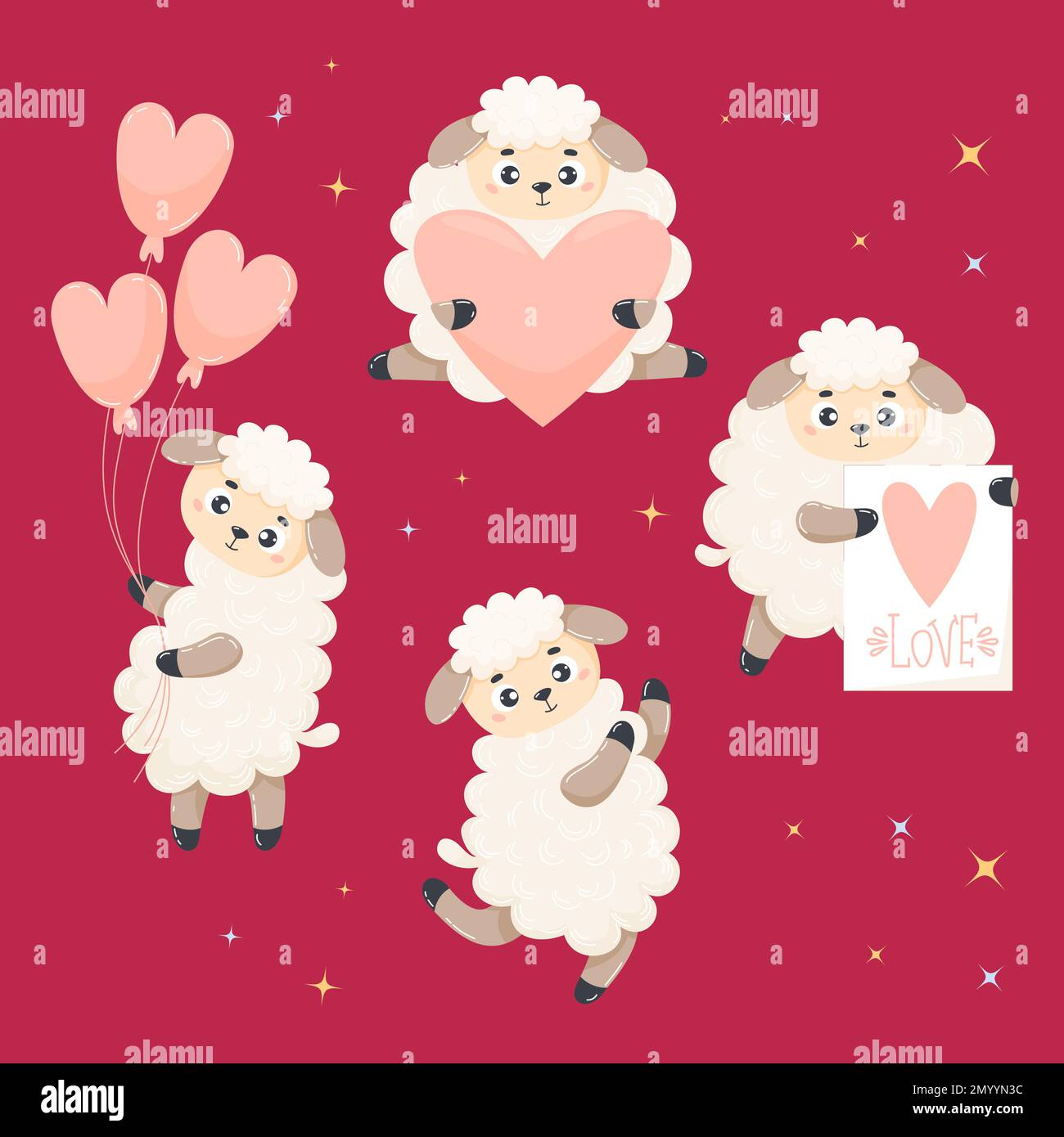 Collection cute romantic sheep with hearts and balloons. Vector ...