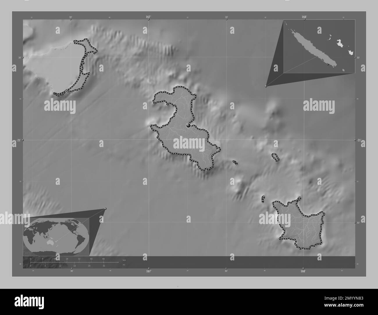 Iles Loyaute, province of New Caledonia. Grayscale elevation map with ...