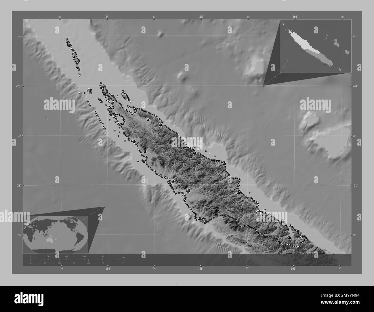 Nord, province of New Caledonia. Grayscale elevation map with lakes and ...