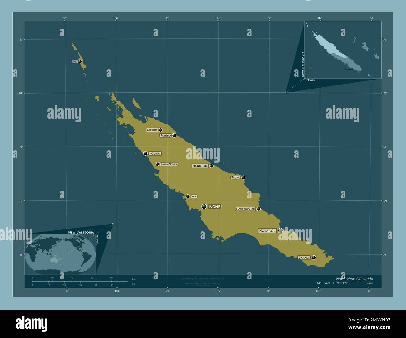 Nord, province of New Caledonia. Solid color shape. Locations and names ...