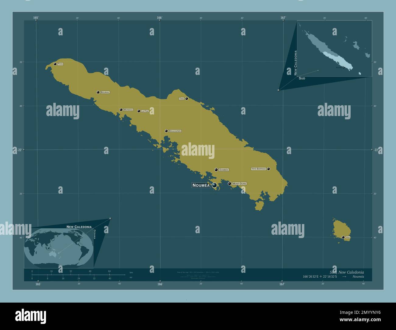 Sud, province of New Caledonia. Solid color shape. Locations and names ...