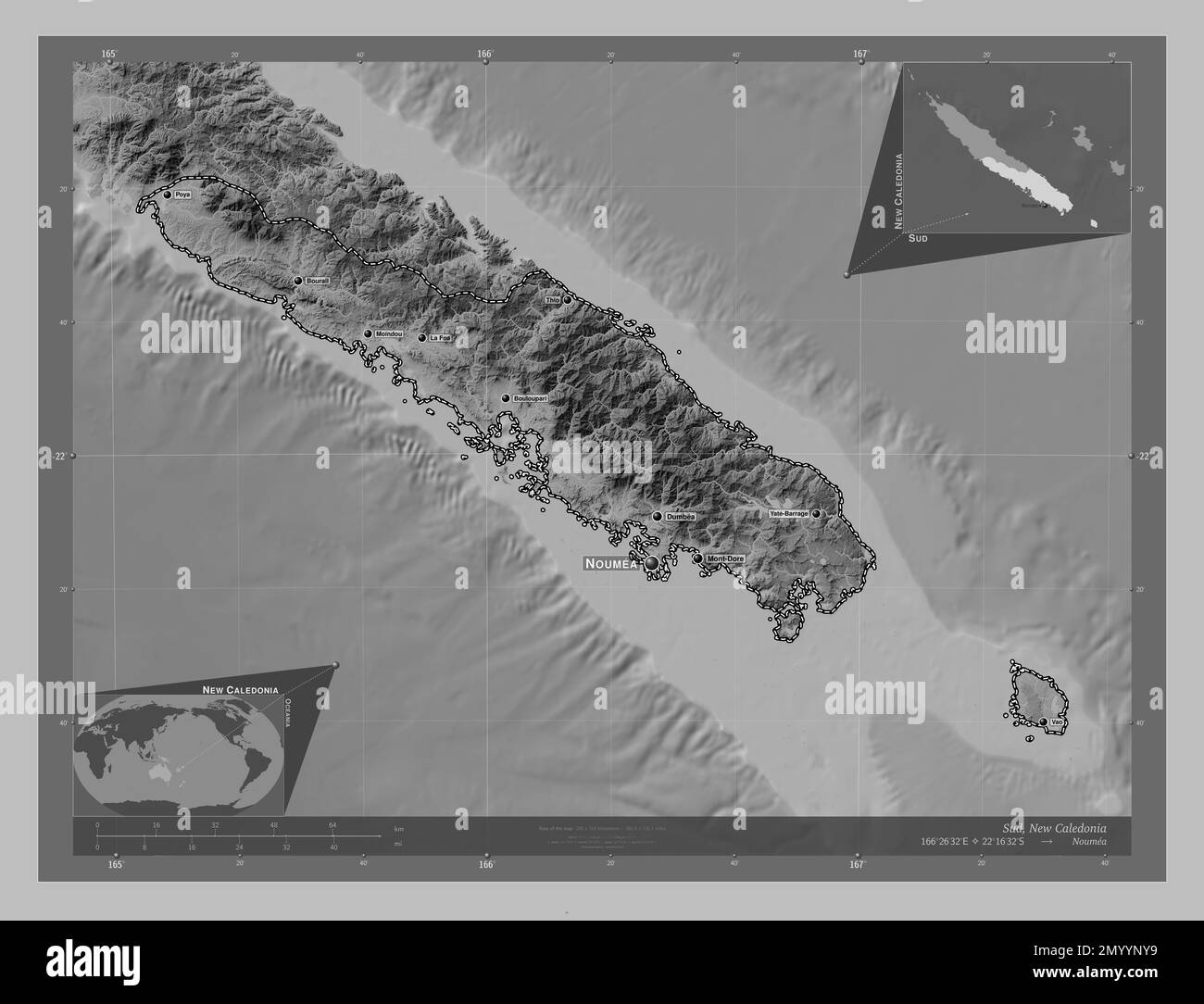 Sud, province of New Caledonia. Grayscale elevation map with lakes and ...
