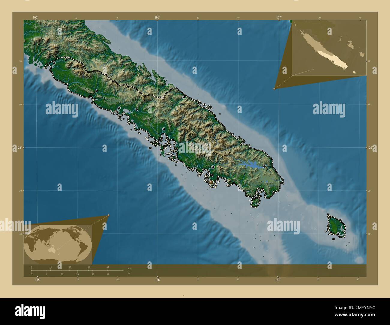 Sud, province of New Caledonia. Colored elevation map with lakes and ...