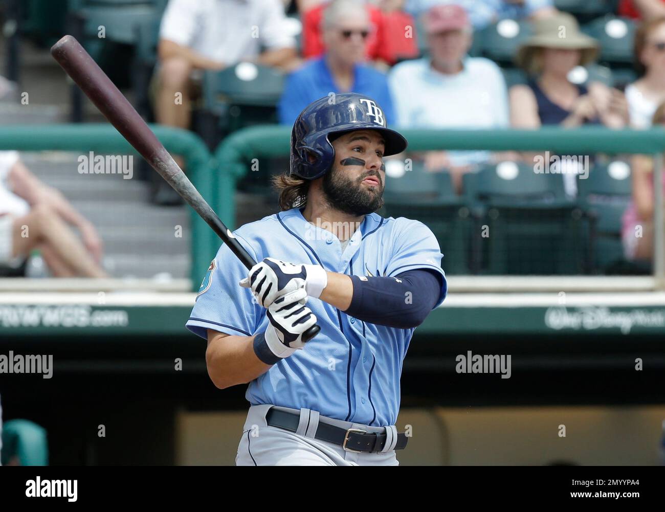 Tampa Bay Rays' Jaff Decker gets a base hit in the fourth inning of a ...