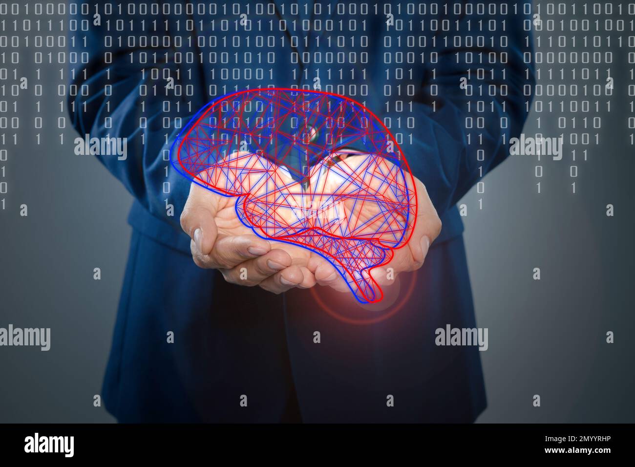 Man demonstrating digital image of brain on grey background, closeup ...