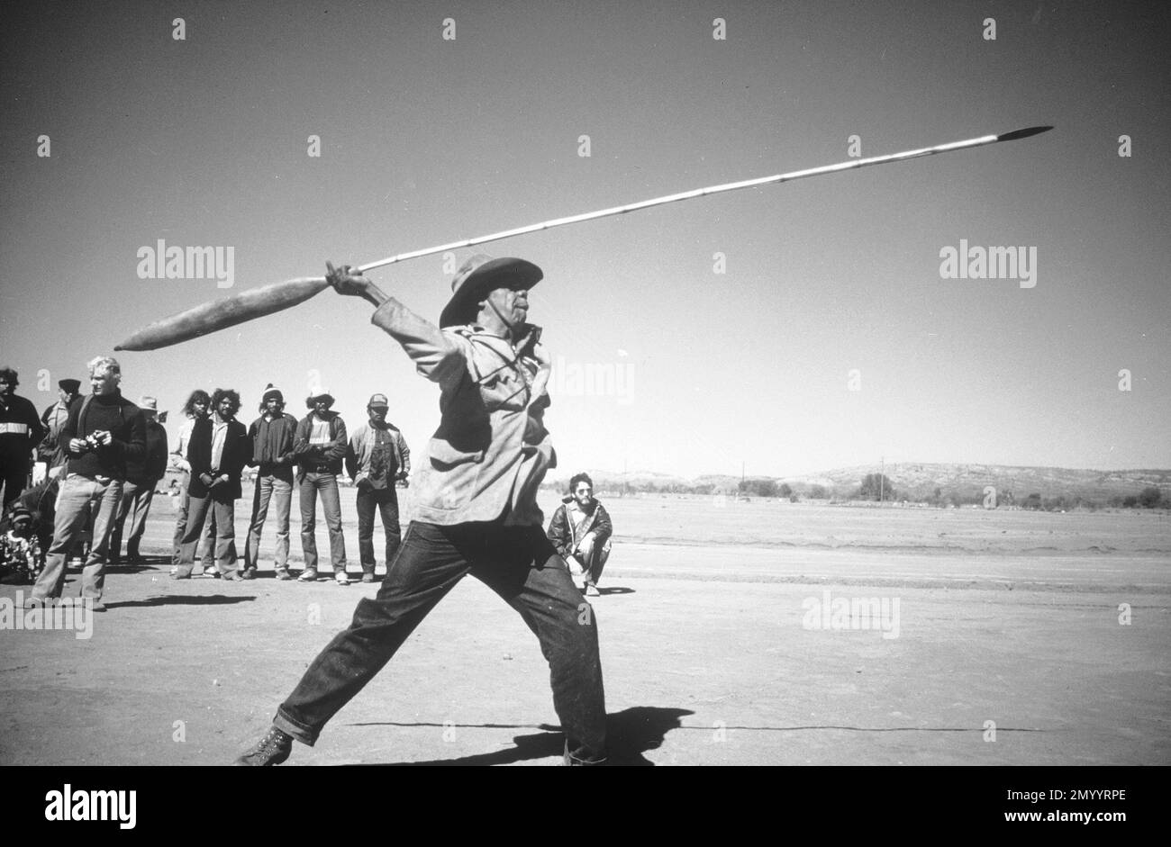 An Australian Aborigine demonstrates his spear throwing at the Papunya ...