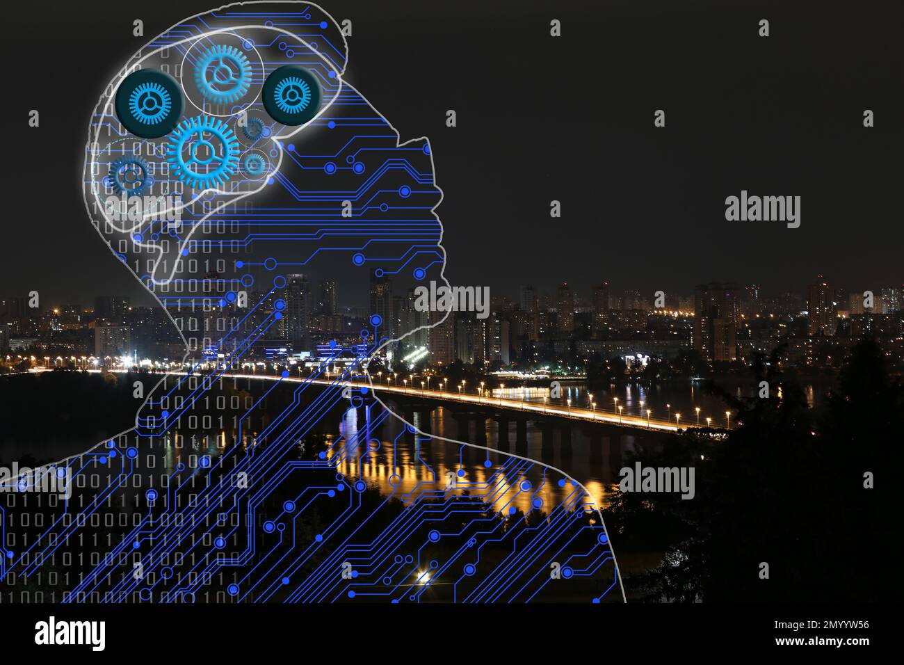 Illustrated man with virtual brain and night cityscape on background ...