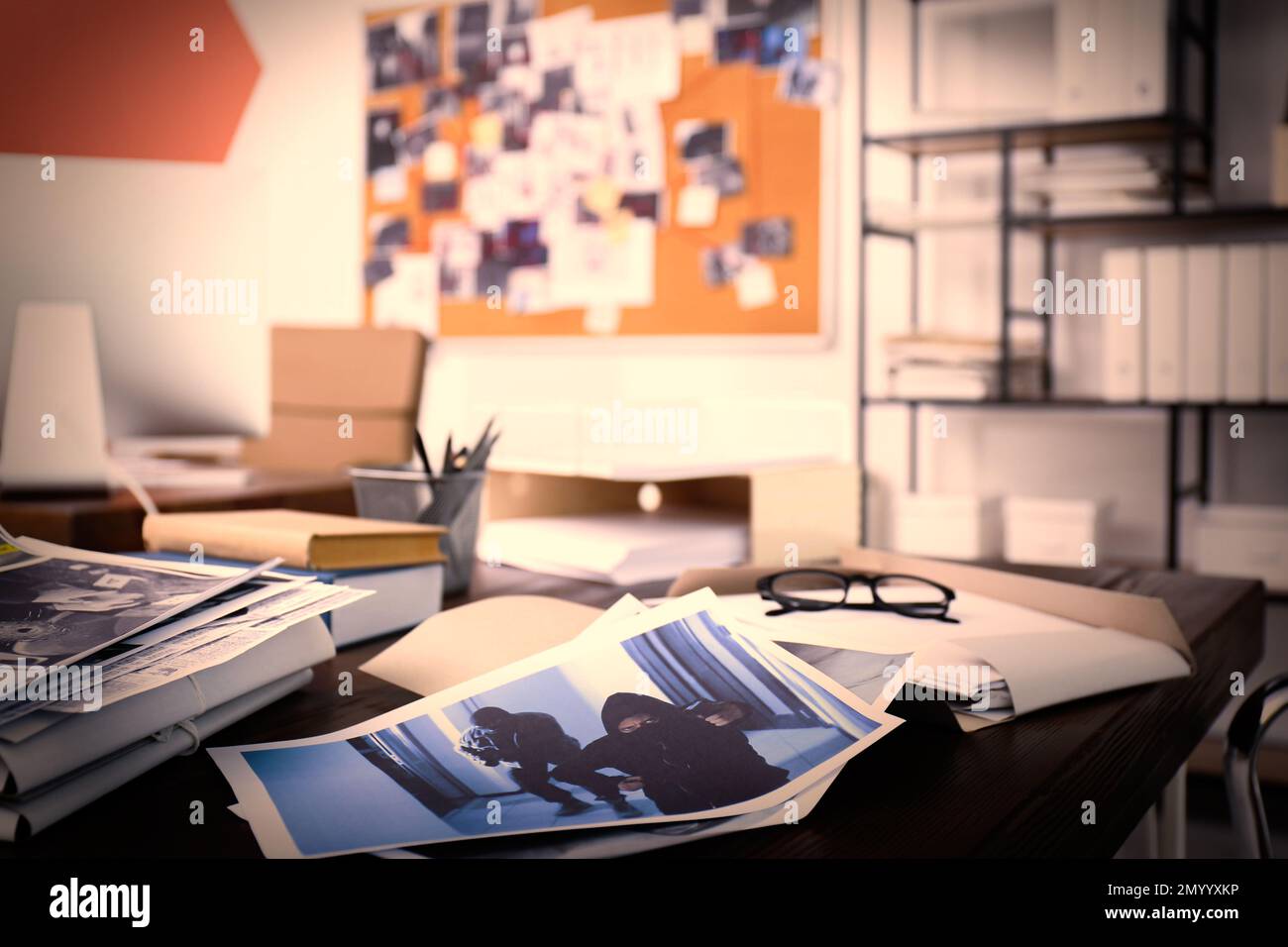 Crime scene photos and documents on table. Detective agency Stock Photo ...