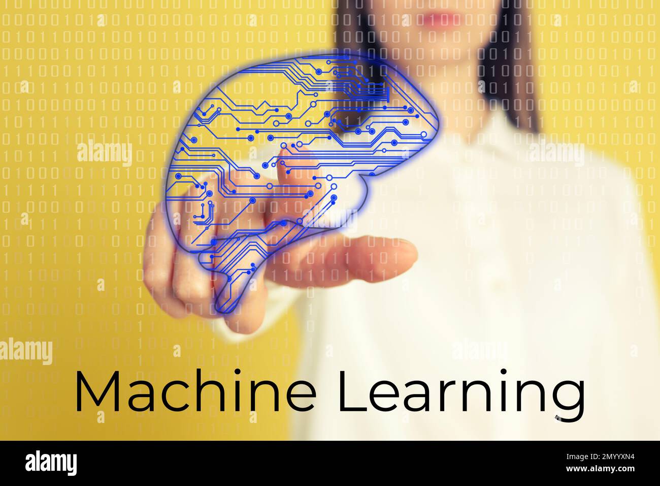 Woman touching digital image of brain on virtual screen, closeup ...