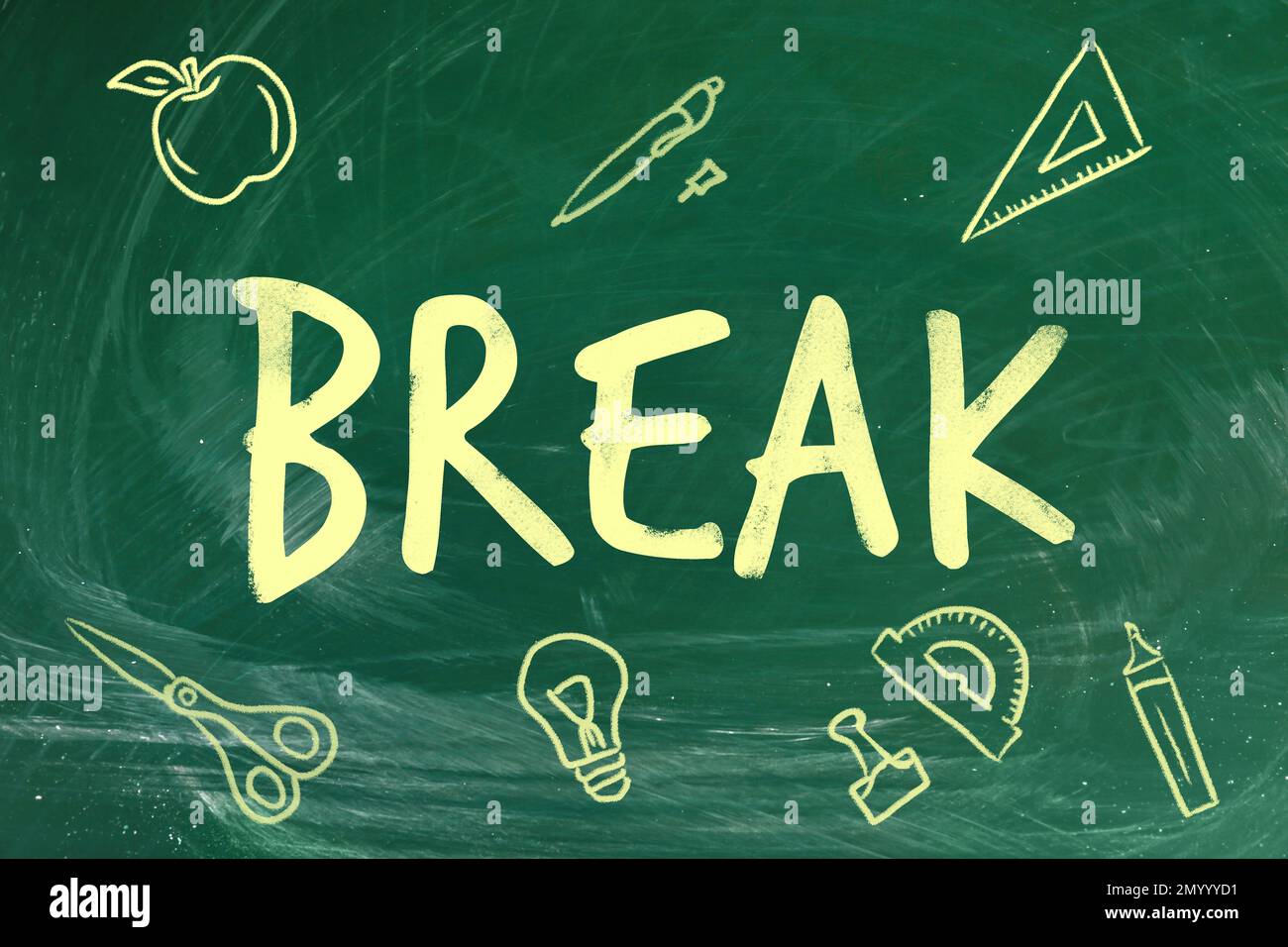 Word Break with drawings on green chalkboard. School holidays Stock ...
