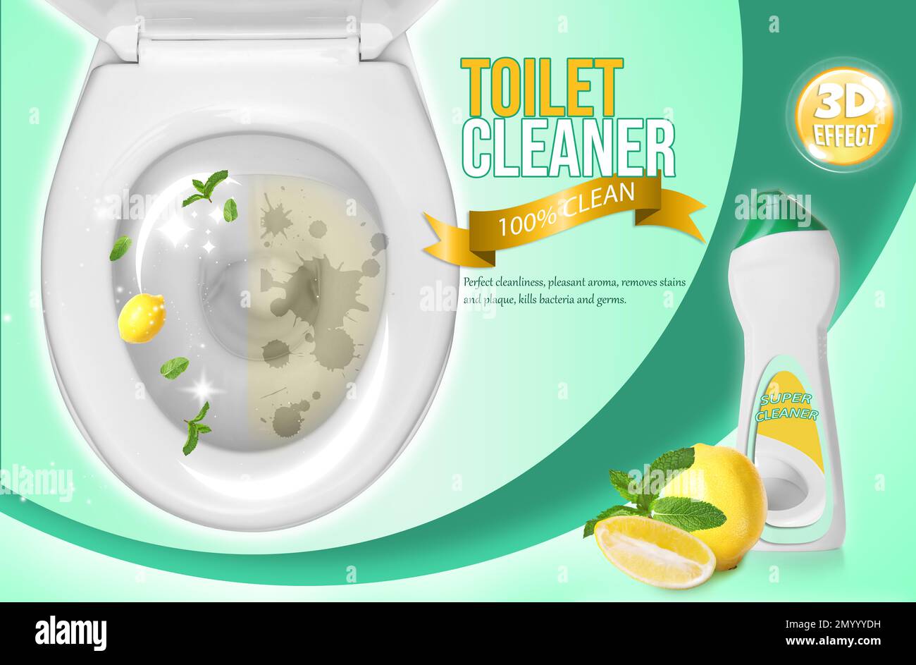 Toilet cleaner and shiny unstained bowl, ad design Stock Photo - Alamy