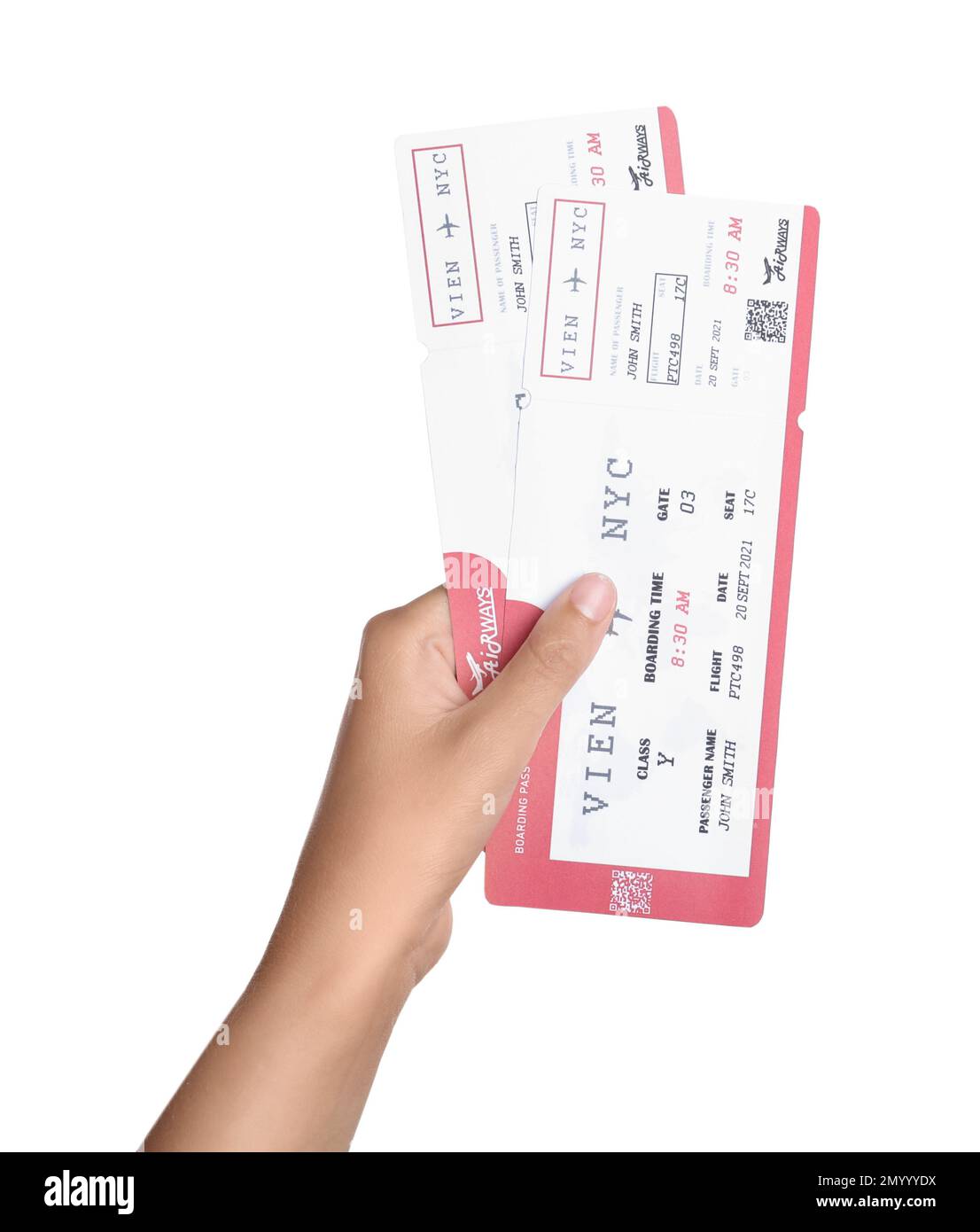 Woman holding tickets on white background, closeup. Travel agency ...