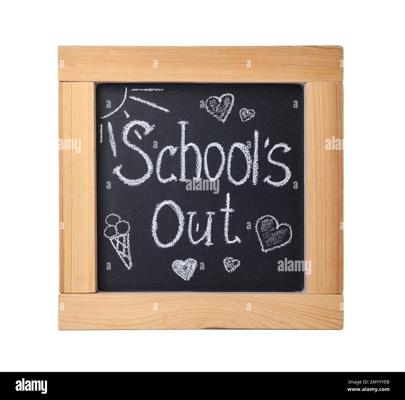 Blackboard with words School's Out and pictures isolated on white ...