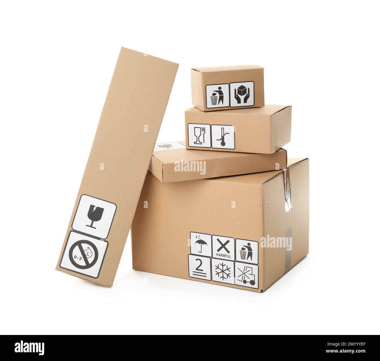 Cardboard boxes with different packaging symbols on white background ...